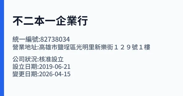 不二本一企業行的照片-統編 82738034(高雄市) 公司登記資料與營業項目詳細圖表