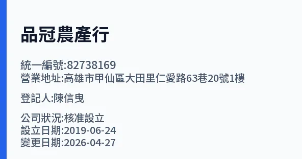 品冠農產行的照片-統編 82738169(高雄市) 公司登記資料與營業項目詳細圖表
