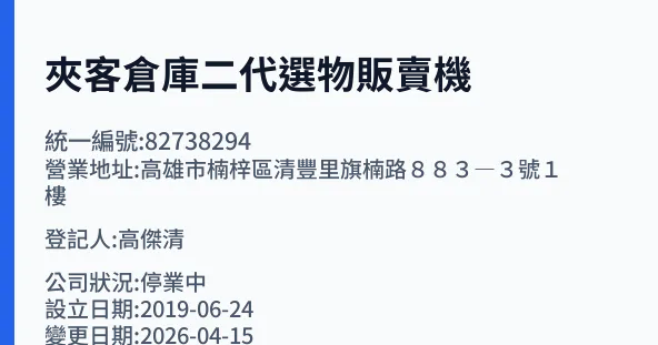 夾客倉庫二代選物販賣機的照片-統編 82738294(高雄市) 公司登記資料與營業項目詳細圖表