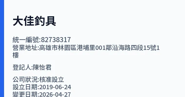 大佳釣具的照片-統編 82738317(高雄市) 公司登記資料與營業項目詳細圖表