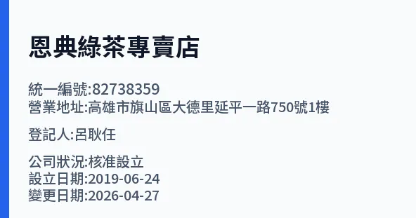 恩典綠茶專賣店的照片-統編 82738359(高雄市) 公司登記資料與營業項目詳細圖表