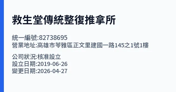 救生堂傳統整復推拿所的照片-統編 82738695(高雄市) 公司登記資料與營業項目詳細圖表