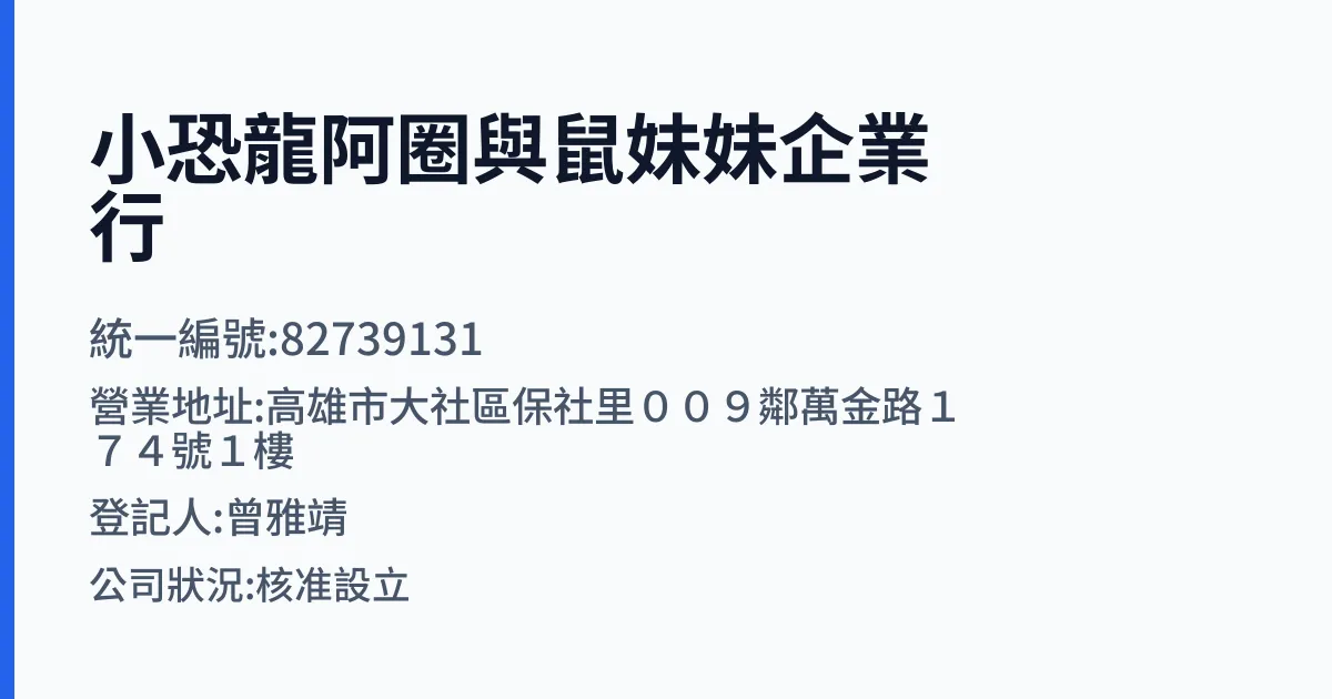 小恐龍阿圈與鼠妹妹企業行 - 統編 82739131(高雄市) 公司登記資料與營業項目詳細圖表