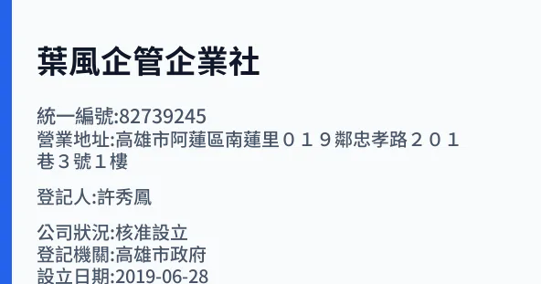 葉風企管企業社的照片-統編 82739245(高雄市) 公司登記資料與營業項目詳細圖表