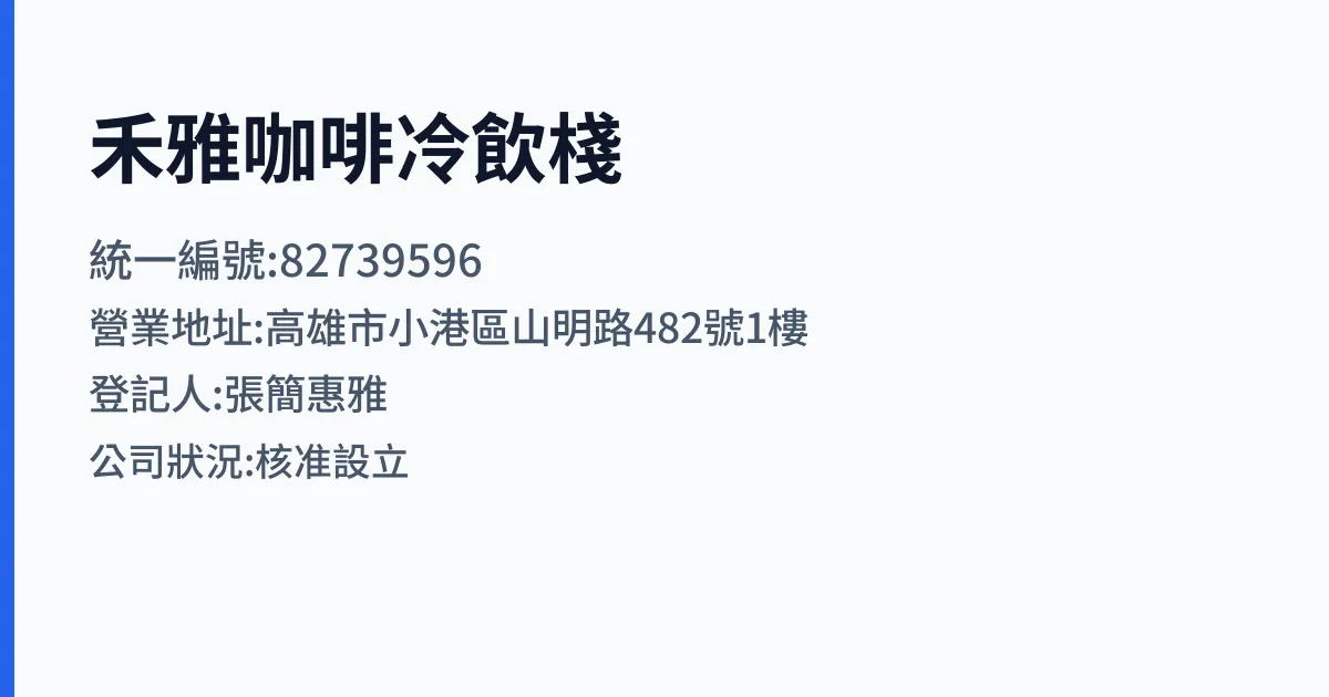 禾雅咖啡冷飲棧 - 統編 82739596(高雄市) 公司登記資料與營業項目詳細圖表
