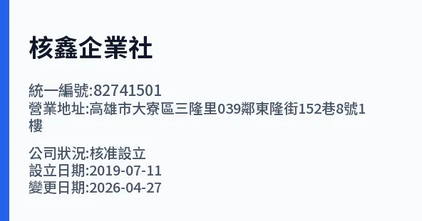 核鑫企業社的照片-統編 82741501(高雄市) 公司登記資料與營業項目詳細圖表