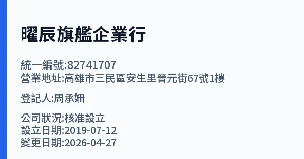 曜辰旗艦企業行的照片-統編 82741707(高雄市) 公司登記資料與營業項目詳細圖表