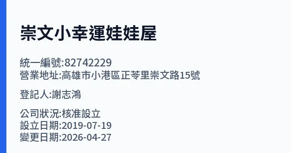 崇文小幸運娃娃屋的照片-統編 82742229(高雄市) 公司登記資料與營業項目詳細圖表