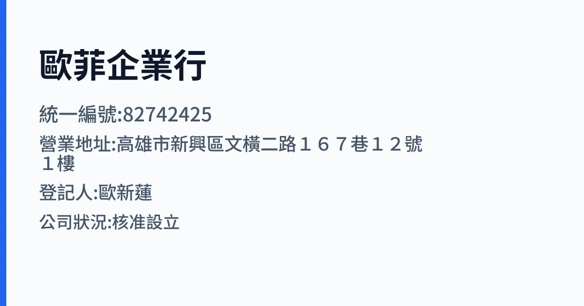 歐菲企業行 - 統編 82742425(高雄市) 公司登記資料與營業項目詳細圖表
