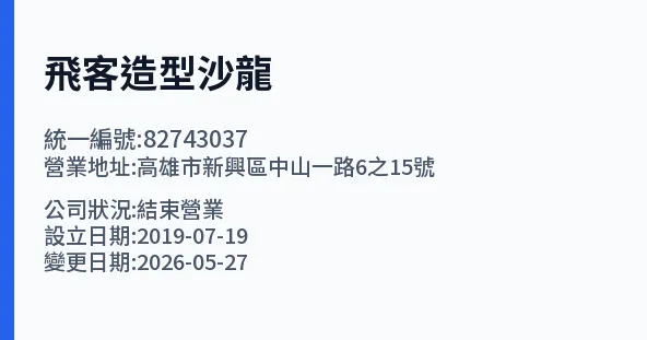 飛客造型沙龍的照片-統編 82743037(高雄市) 公司登記資料與營業項目詳細圖表