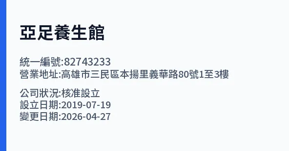 亞足養生館的照片-統編 82743233(高雄市) 公司登記資料與營業項目詳細圖表