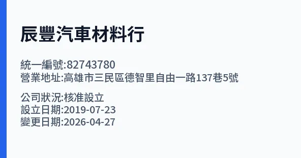 辰豐汽車材料行的照片-統編 82743780(高雄市) 公司登記資料與營業項目詳細圖表