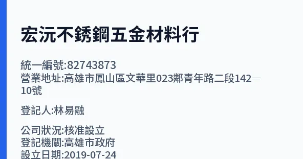 宏沅不銹鋼五金材料行的照片-統編 82743873(高雄市) 公司登記資料與營業項目詳細圖表