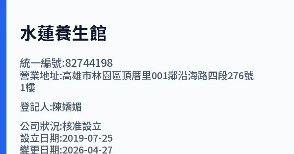 水蓮養生館的照片-統編 82744198(高雄市) 公司登記資料與營業項目詳細圖表