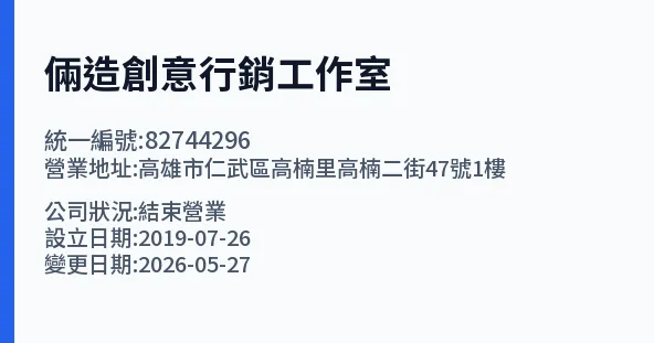 倆造創意行銷工作室的照片-統編 82744296(高雄市) 公司登記資料與營業項目詳細圖表