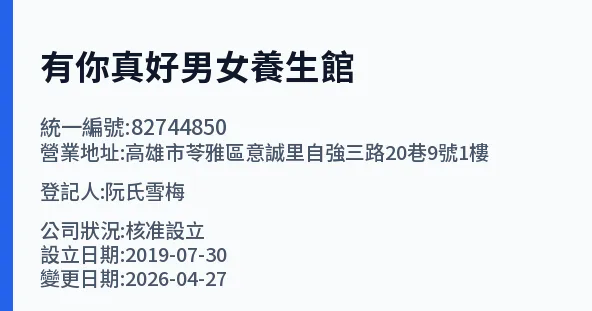 有你真好男女養生館的照片-統編 82744850(高雄市) 公司登記資料與營業項目詳細圖表