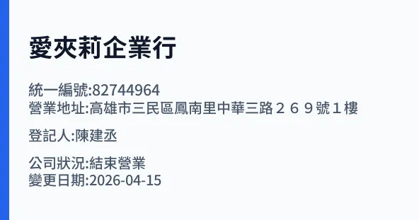 愛夾莉企業行的照片-統編 82744964(高雄市) 公司登記資料與營業項目詳細圖表
