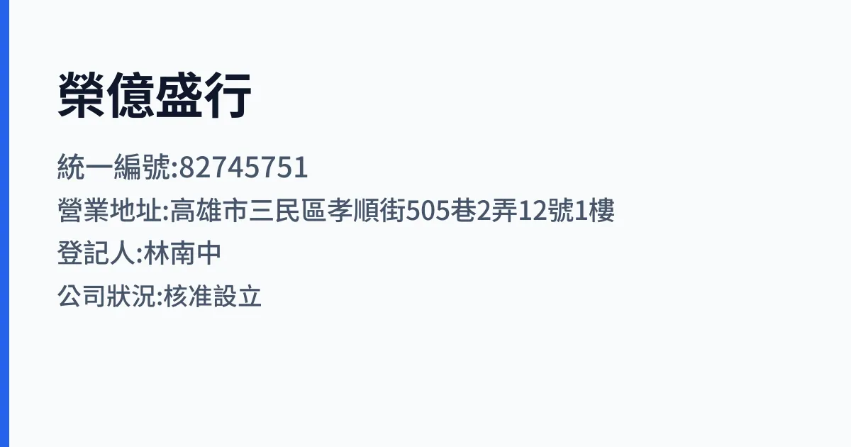 榮億盛行 - 統編 82745751(高雄市) 公司登記資料與營業項目詳細圖表