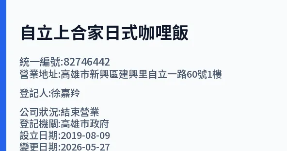 自立上合家日式咖哩飯的照片-統編 82746442(高雄市) 公司登記資料與營業項目詳細圖表