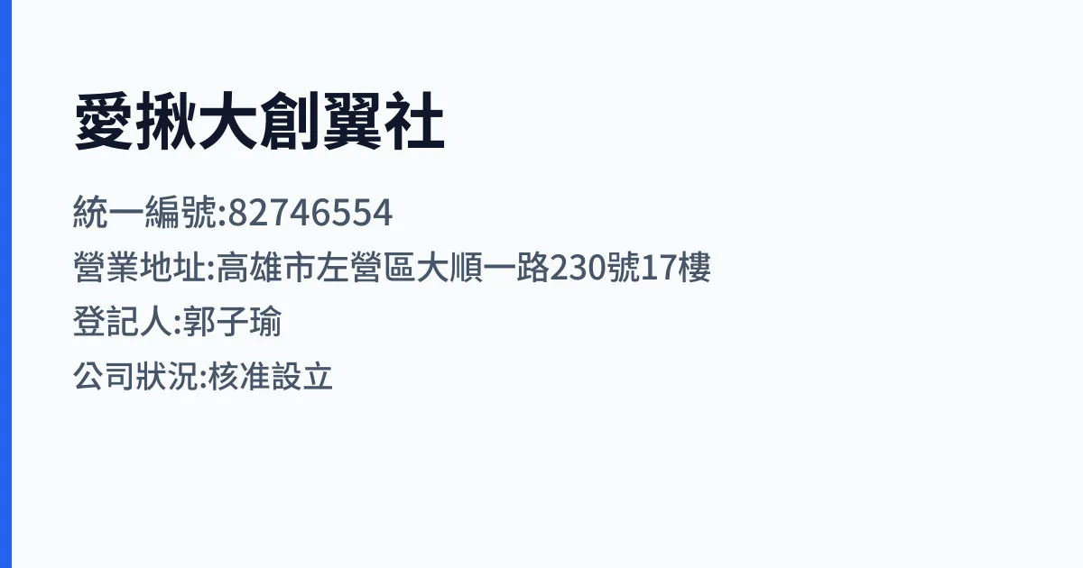 愛揪大創翼社 - 統編 82746554(高雄市) 公司登記資料與營業項目詳細圖表