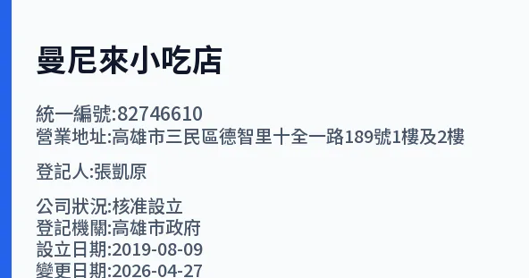 曼尼來小吃店的照片-統編 82746610(高雄市) 公司登記資料與營業項目詳細圖表
