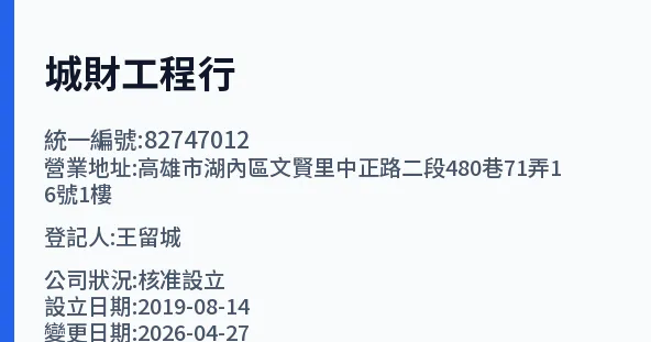 城財工程行的照片-統編 82747012(高雄市) 公司登記資料與營業項目詳細圖表