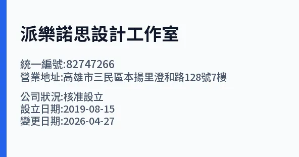派樂諾思設計工作室的照片-統編 82747266(高雄市) 公司登記資料與營業項目詳細圖表