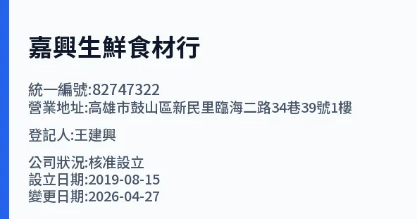 嘉興生鮮食材行的照片-統編 82747322(高雄市) 公司登記資料與營業項目詳細圖表