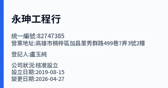 永珅工程行的照片-統編 82747385(高雄市) 公司登記資料與營業項目詳細圖表