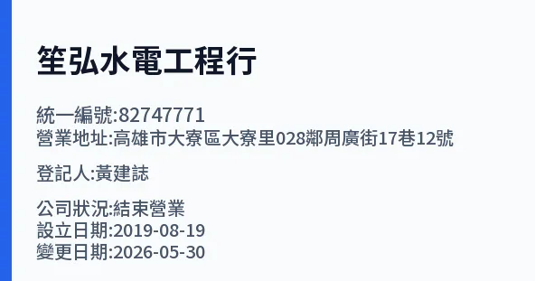 笙弘水電工程行的照片-統編 82747771(高雄市) 公司登記資料與營業項目詳細圖表