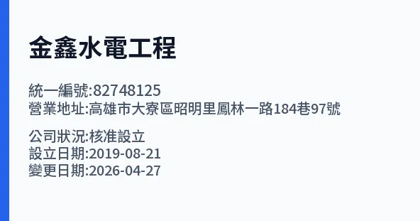 金鑫水電工程的照片-統編 82748125(高雄市) 公司登記資料與營業項目詳細圖表