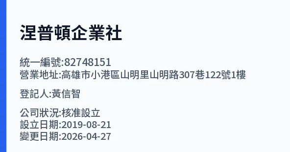 涅普頓企業社的照片-統編 82748151(高雄市) 公司登記資料與營業項目詳細圖表