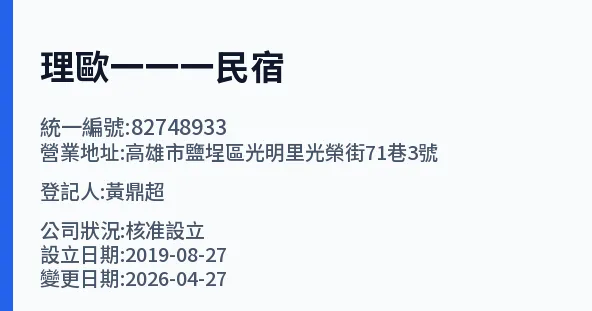 理歐一一一民宿的照片-統編 82748933(高雄市) 公司登記資料與營業項目詳細圖表