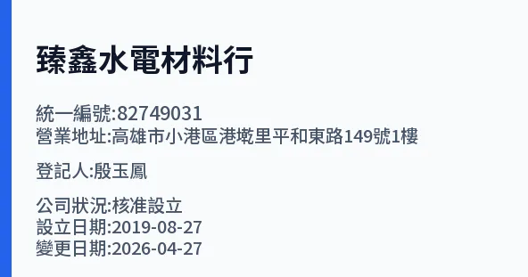 臻鑫水電材料行的照片-統編 82749031(高雄市) 公司登記資料與營業項目詳細圖表