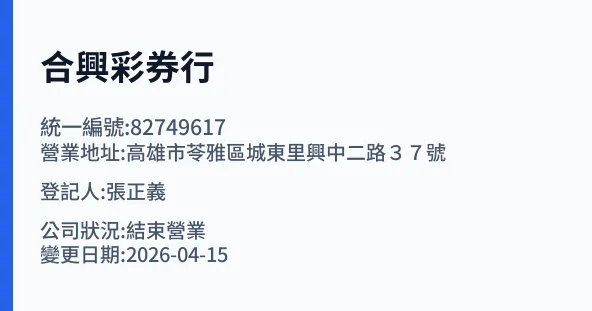 合興彩券行的照片-統編 82749617(高雄市) 公司登記資料與營業項目詳細圖表