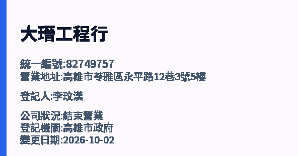大瑨工程行的照片-統編 82749757(高雄市) 公司登記資料與營業項目詳細圖表