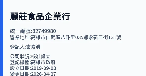麗莊食品企業行的照片-統編 82749980(高雄市) 公司登記資料與營業項目詳細圖表