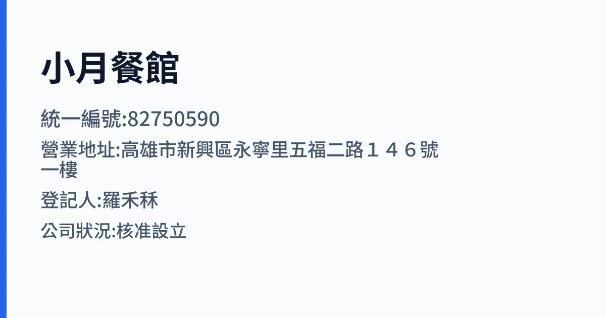 小月餐館 - 統編 82750590(高雄市) 公司登記資料與營業項目詳細圖表