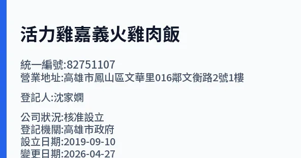 活力雞嘉義火雞肉飯的照片-統編 82751107(高雄市) 公司登記資料與營業項目詳細圖表