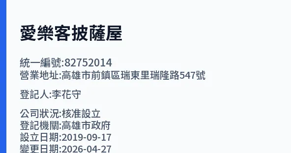愛樂客披薩屋的照片-統編 82752014(高雄市) 公司登記資料與營業項目詳細圖表