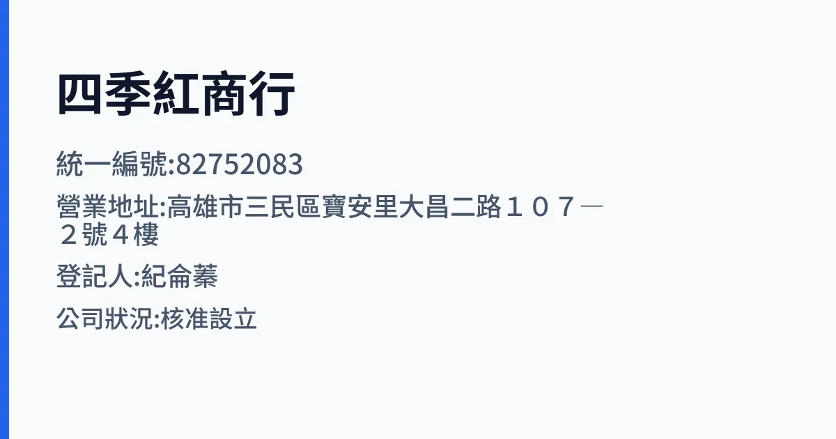 四季紅商行 - 統編 82752083(高雄市) 公司登記資料與營業項目詳細圖表