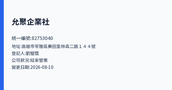 允聚企業社的照片-統編 82753040(高雄市) 公司登記資料與營業項目詳細圖表