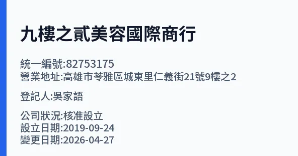 九樓之貳美容國際商行的照片-統編 82753175(高雄市) 公司登記資料與營業項目詳細圖表