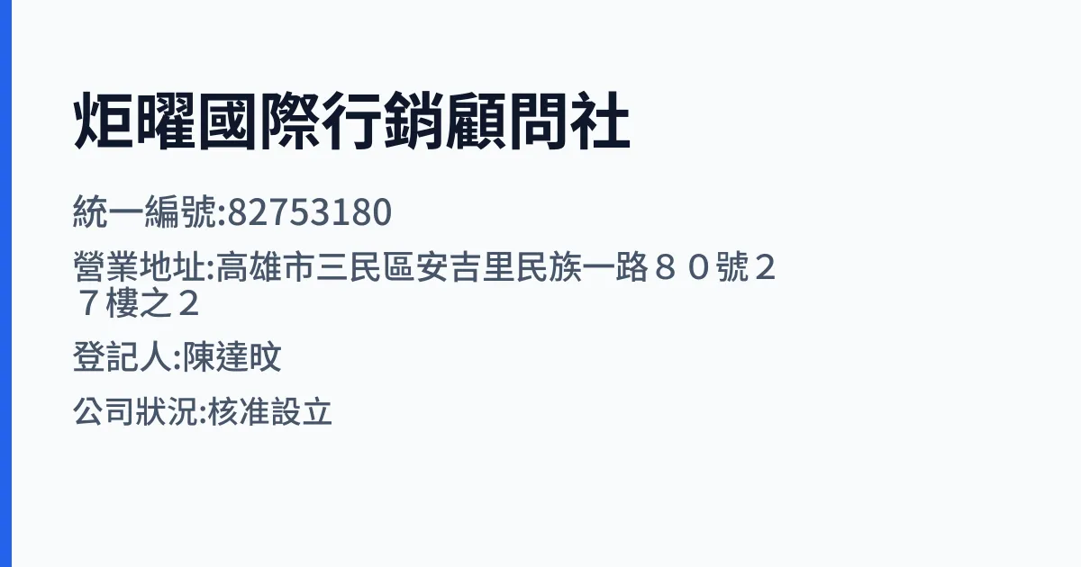 炬曜國際行銷顧問社 - 統編 82753180(高雄市) 公司登記資料與營業項目詳細圖表