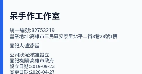 呆手作工作室的照片-統編 82753219(高雄市) 公司登記資料與營業項目詳細圖表