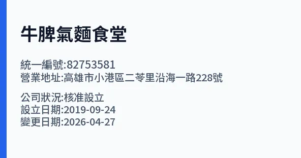 牛脾氣麵食堂的照片-統編 82753581(高雄市) 公司登記資料與營業項目詳細圖表