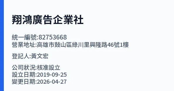翔鴻廣告企業社的照片-統編 82753668(高雄市) 公司登記資料與營業項目詳細圖表