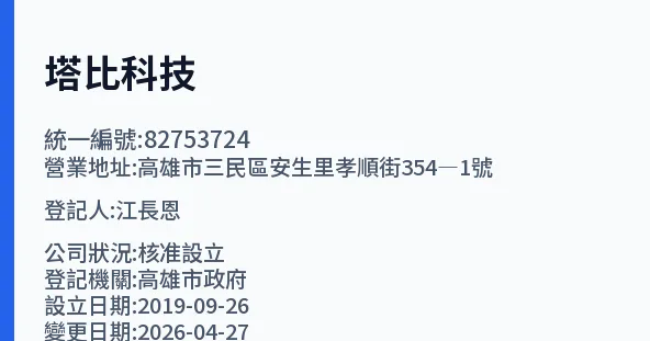 塔比科技的照片-統編 82753724(高雄市) 公司登記資料與營業項目詳細圖表