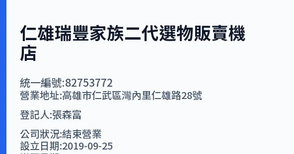 仁雄瑞豐家族二代選物販賣機店的照片-統編 82753772(高雄市) 公司登記資料與營業項目詳細圖表