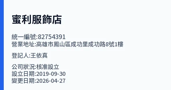 蜜利服飾店的照片-統編 82754391(高雄市) 公司登記資料與營業項目詳細圖表